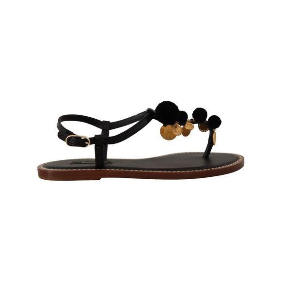 Dolce & Gabbana | Shoes | Dolce Gabbana Leather Sandals Pompom Coin ...
